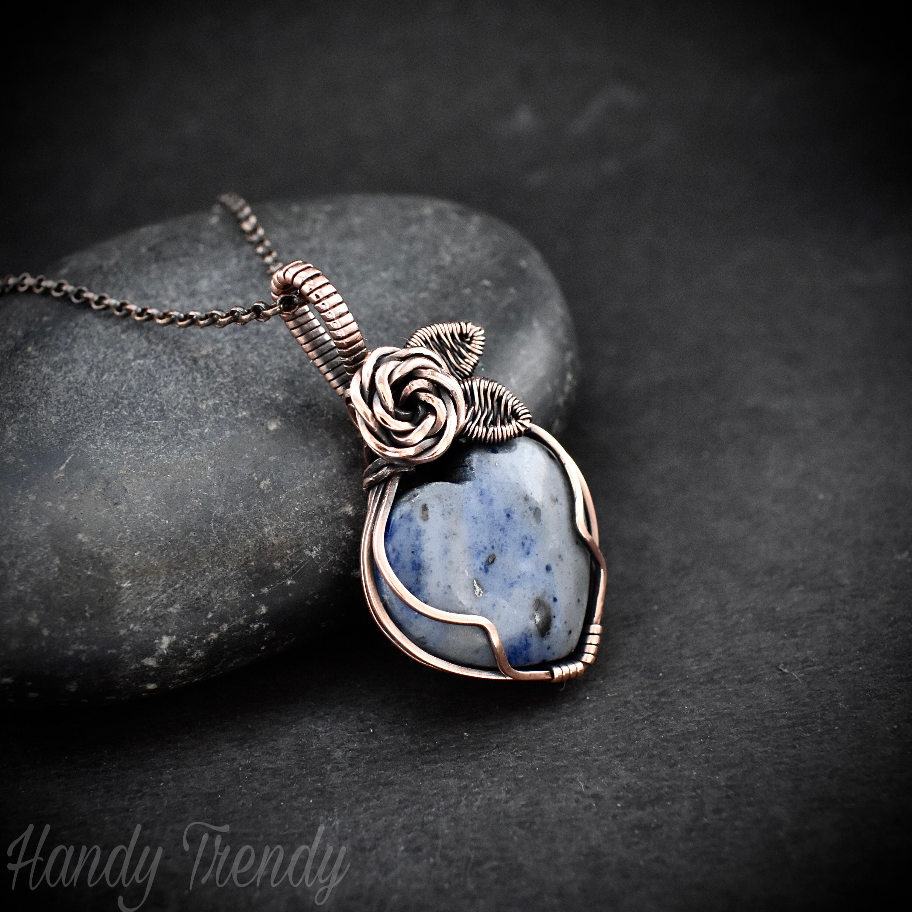 Sodalite Heart Rose Pendant, Copper Wire Wrapped Necklace, Unique ...