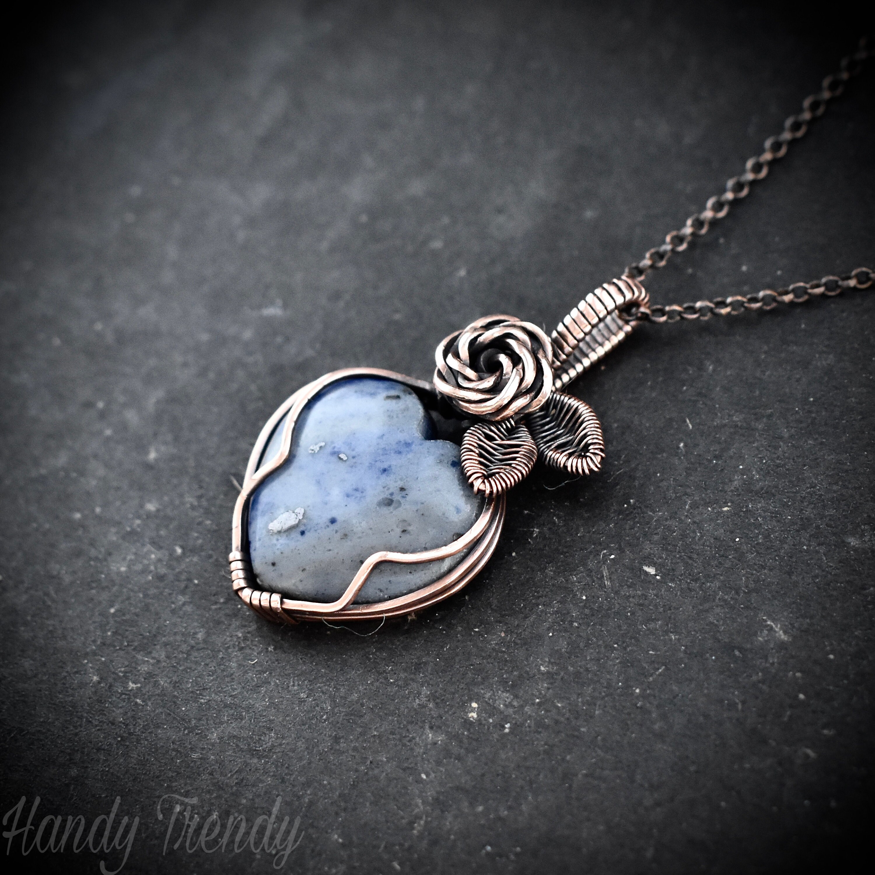 Sodalite Heart Rose Pendant, Copper Wire Wrapped Necklace, Unique ...