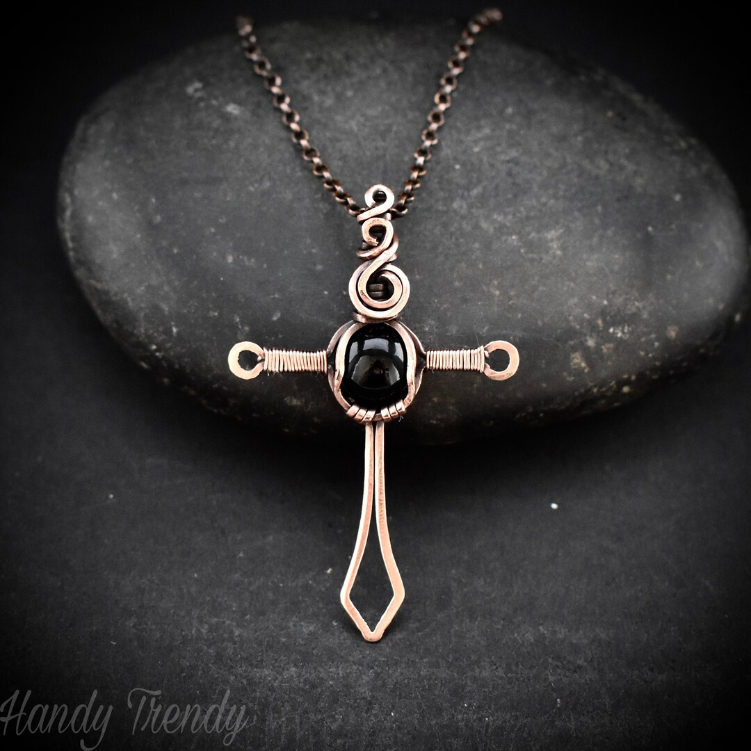Black Onyx Sword Pendant, Copper Wire Wrapped Necklace, Unique Handmade ...