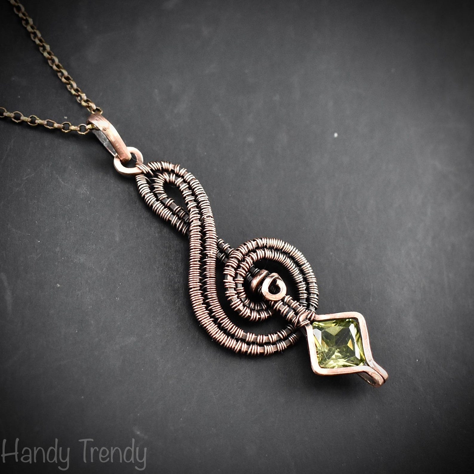 Treble Clef Pendant, Green Cubic Zirconia Necklace, Copper Wire Wrapped ...
