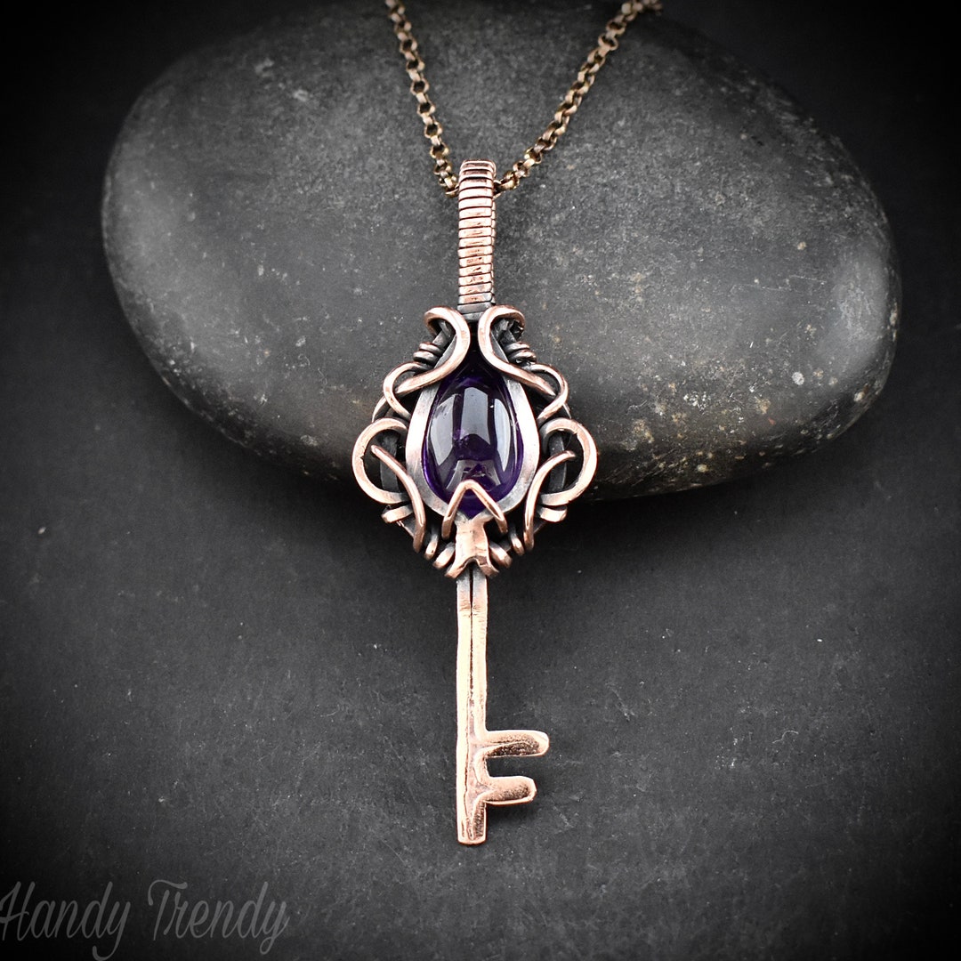 Amethyst Key Pendant, Free Flow Copper Wire Wrapped Necklace, Unique ...