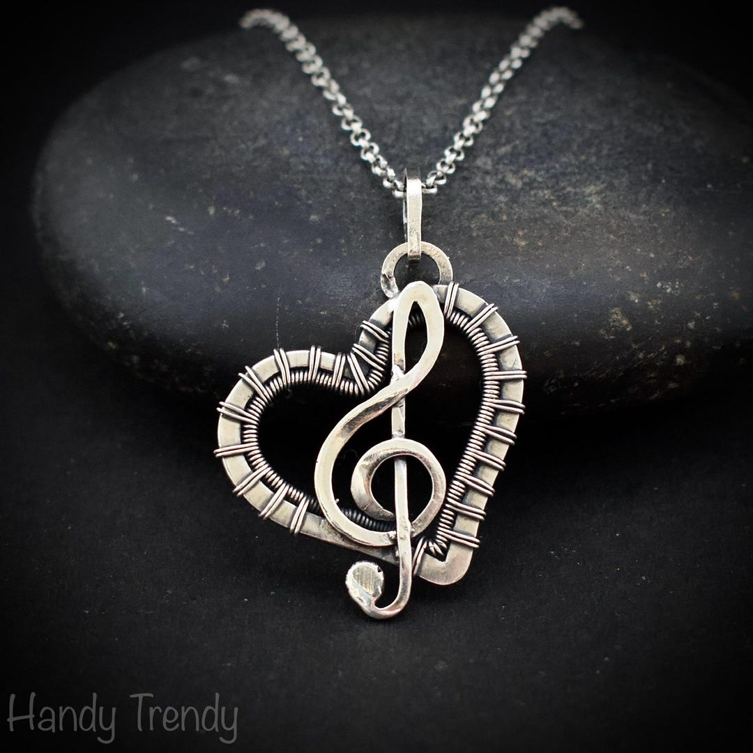 Treble Clef Heart Pendant, 925 Sterling Silver Wire Wrapped Necklace ...