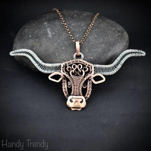 Texas Longhorn Cow Pendant, Mix Metal Wire Wrapped Necklace, Unique ...