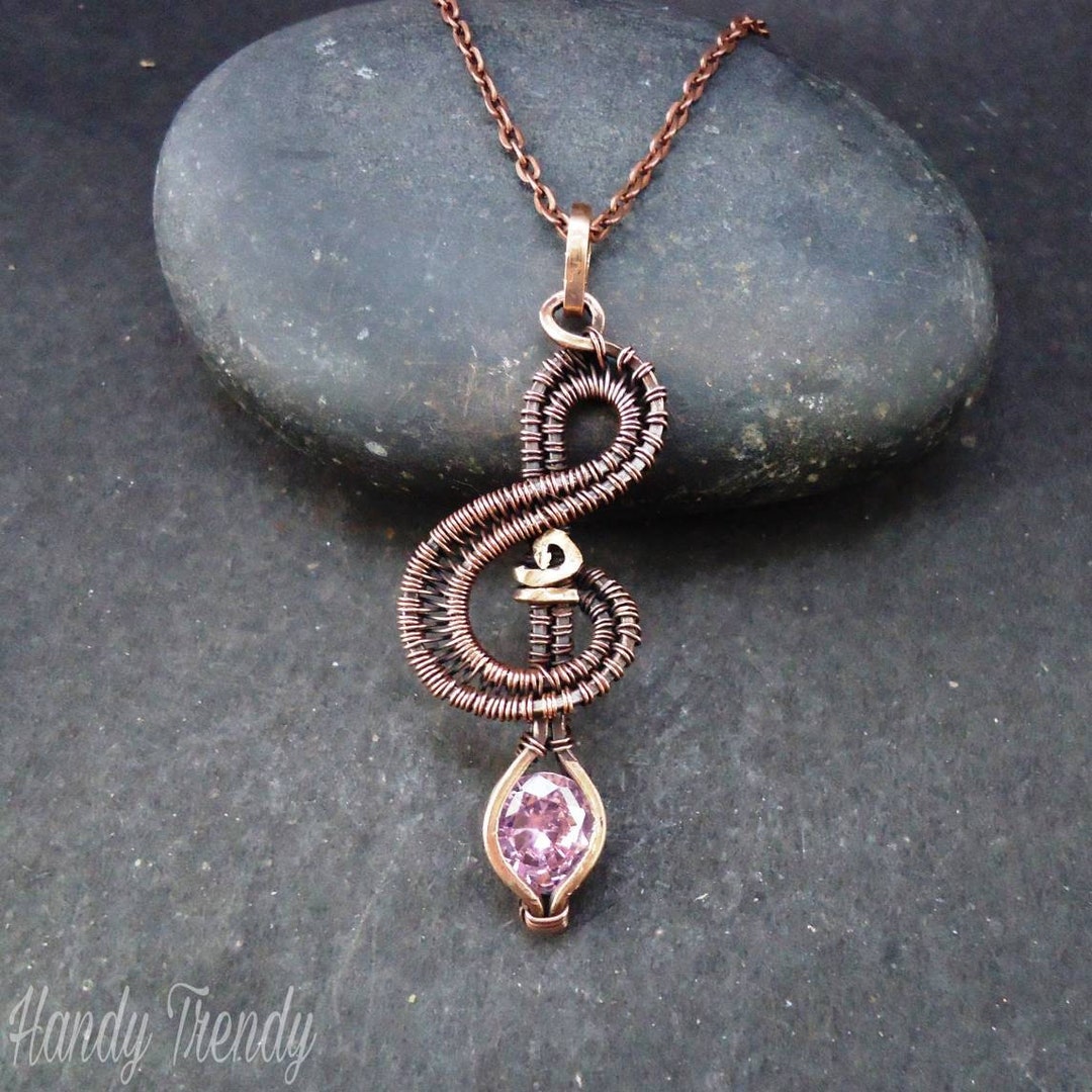 Treble Clef Pendant, Pink CZ Wire Wrapped Necklace, Handmade Birthday ...
