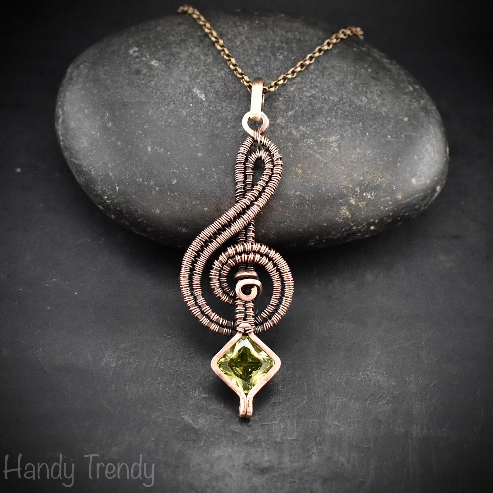 Treble Clef Pendant, Green Cubic Zirconia Necklace, Copper Wire Wrapped ...