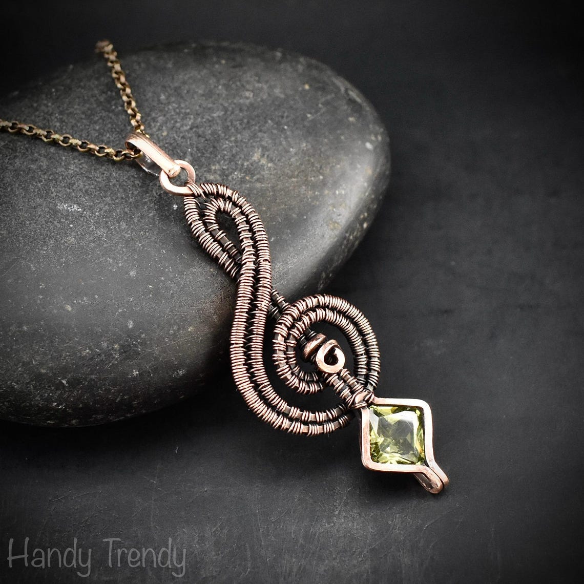 Treble Clef Pendant, Green Cubic Zirconia Necklace, Copper Wire Wrapped ...
