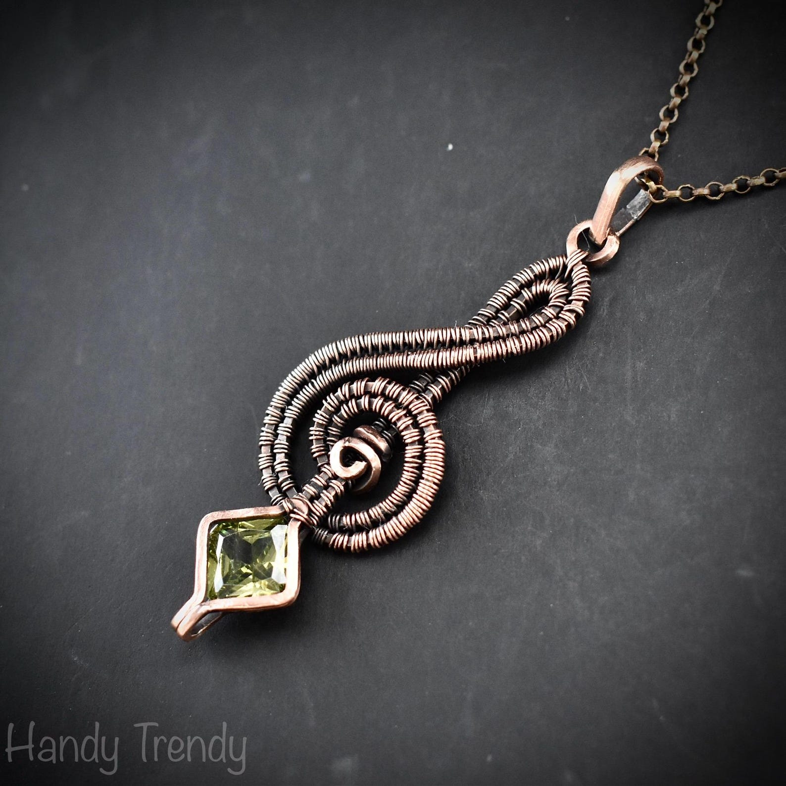 Treble Clef Pendant, Green Cubic Zirconia Necklace, Copper Wire Wrapped ...