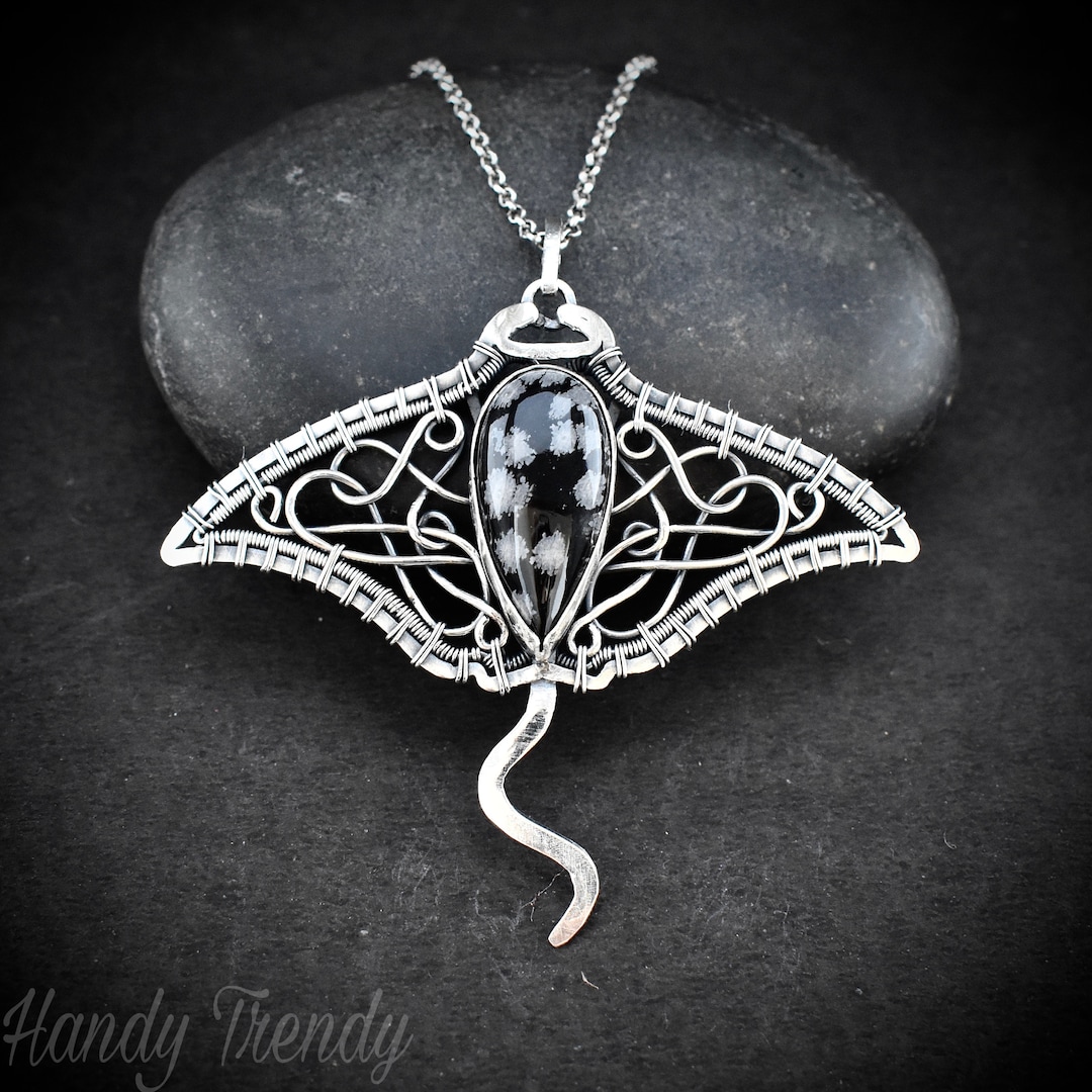 Manta Ray Pendant, 925 Sterling Silver and Snow Flake Obsidian Wire ...