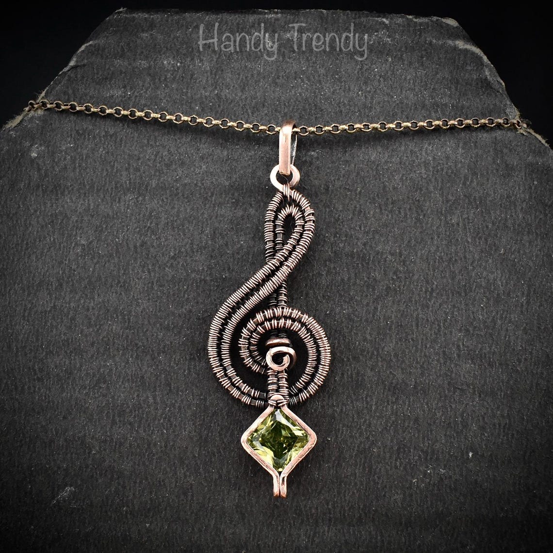 Treble Clef Pendant, Green Cubic Zirconia Necklace, Copper Wire Wrapped ...