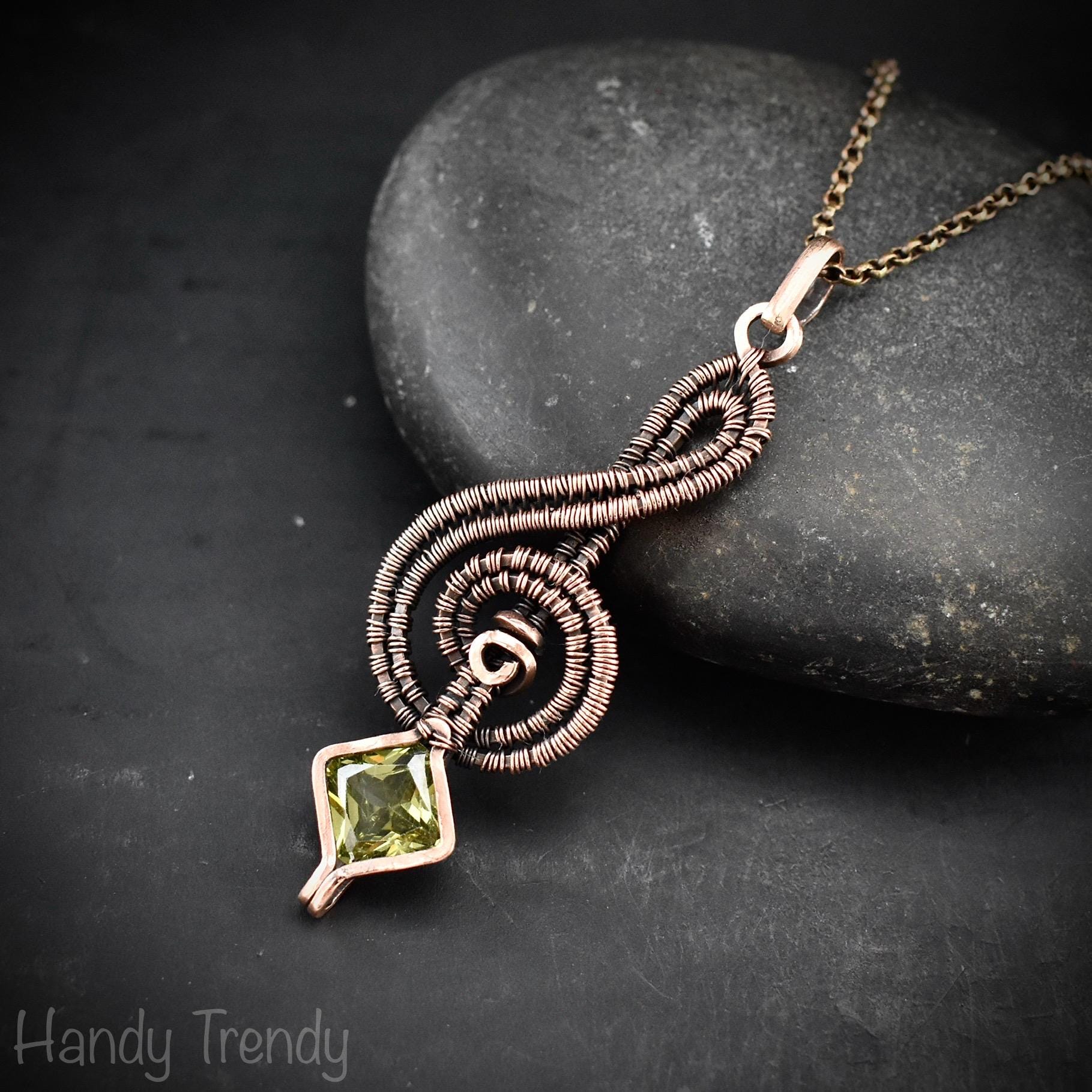 Treble Clef Pendant, Green Cubic Zirconia Necklace, Copper Wire Wrapped ...