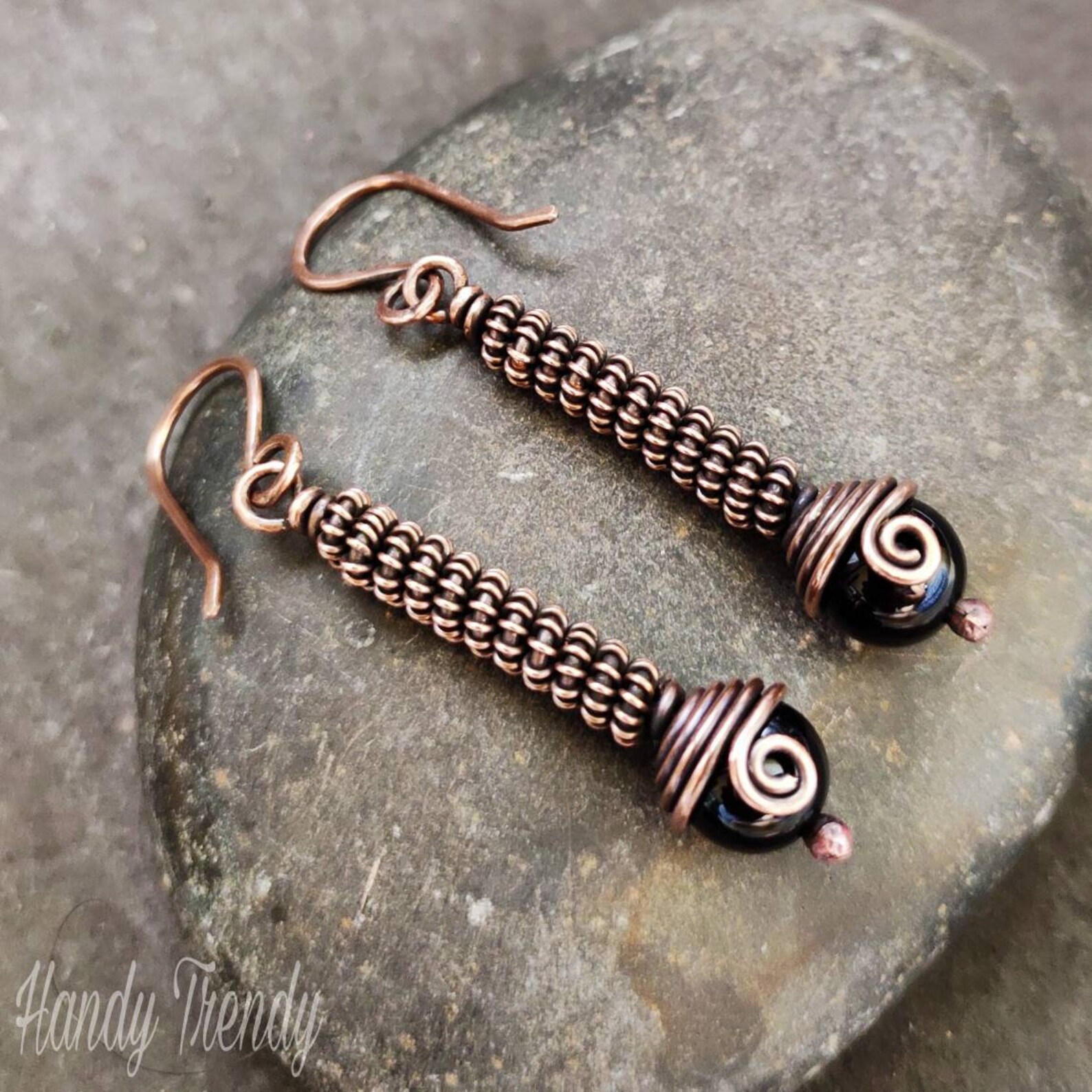 Coiled-coil onyx earring Copper wire wrapped Dangle earrings | Etsy