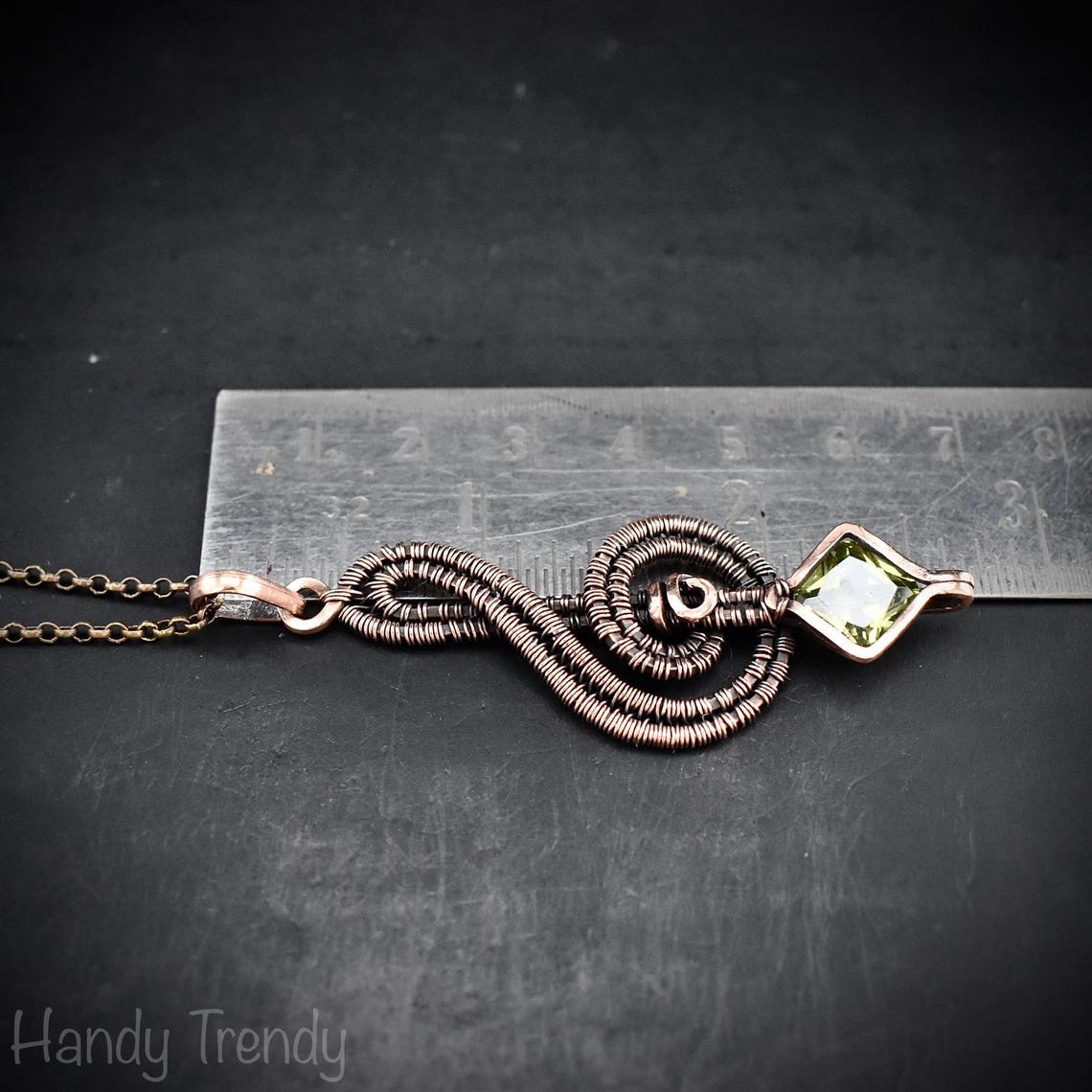 Treble Clef Pendant, Green Cubic Zirconia Necklace, Copper Wire Wrapped ...