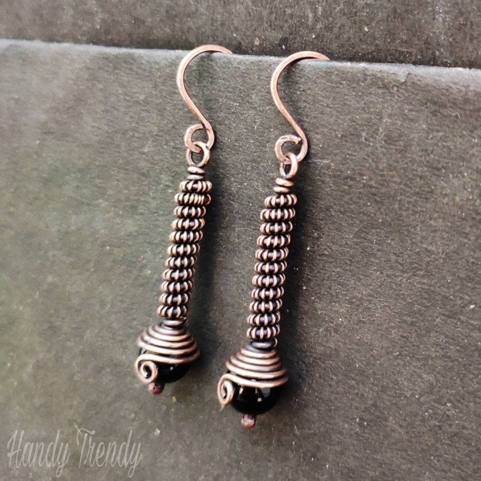 Coiled-coil onyx earring Copper wire wrapped Dangle earrings | Etsy