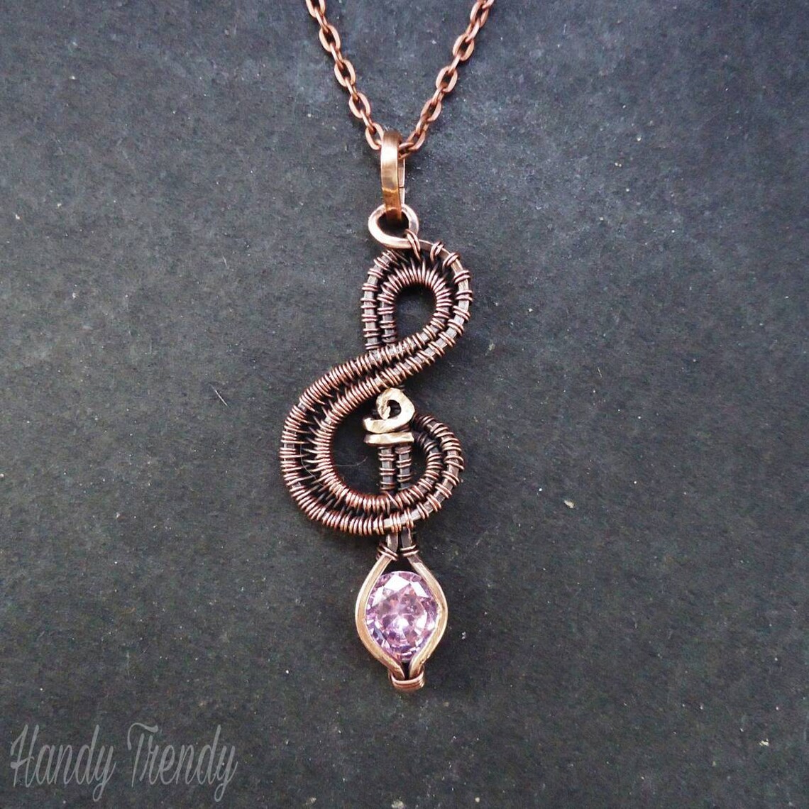 Treble Clef Pendant, Pink CZ Wire Wrapped Necklace, Handmade Birthday ...