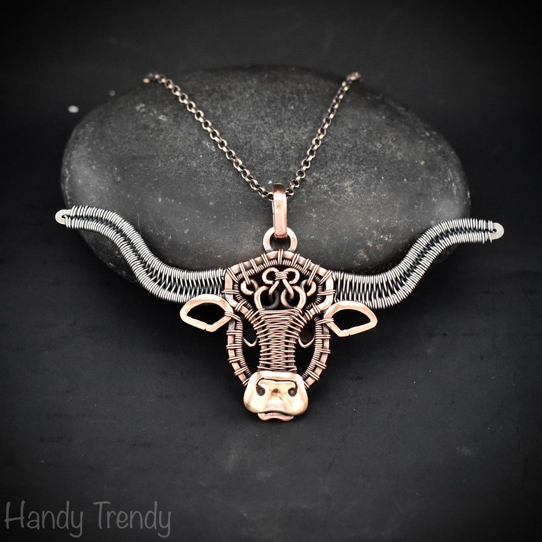 Texas Longhorn Cow Pendant, Mix Metal Wire Wrapped Necklace, Unique ...