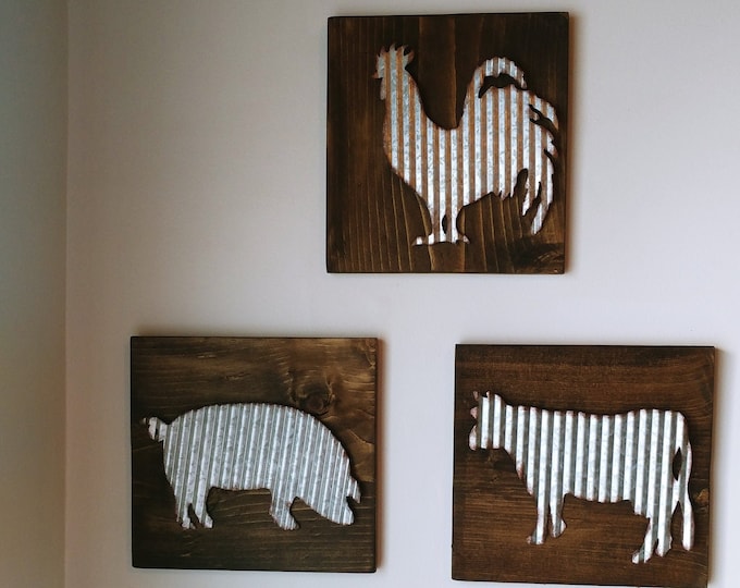 Set of 3 Farm Animal Wood and Metal Wall Hangings, Roster Cow and Pig ...