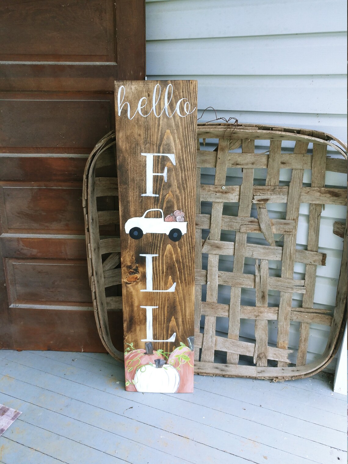 Hello Fall Vertical Wood Porch Sign, Hand Painted Pumpkin Fall Sign ...