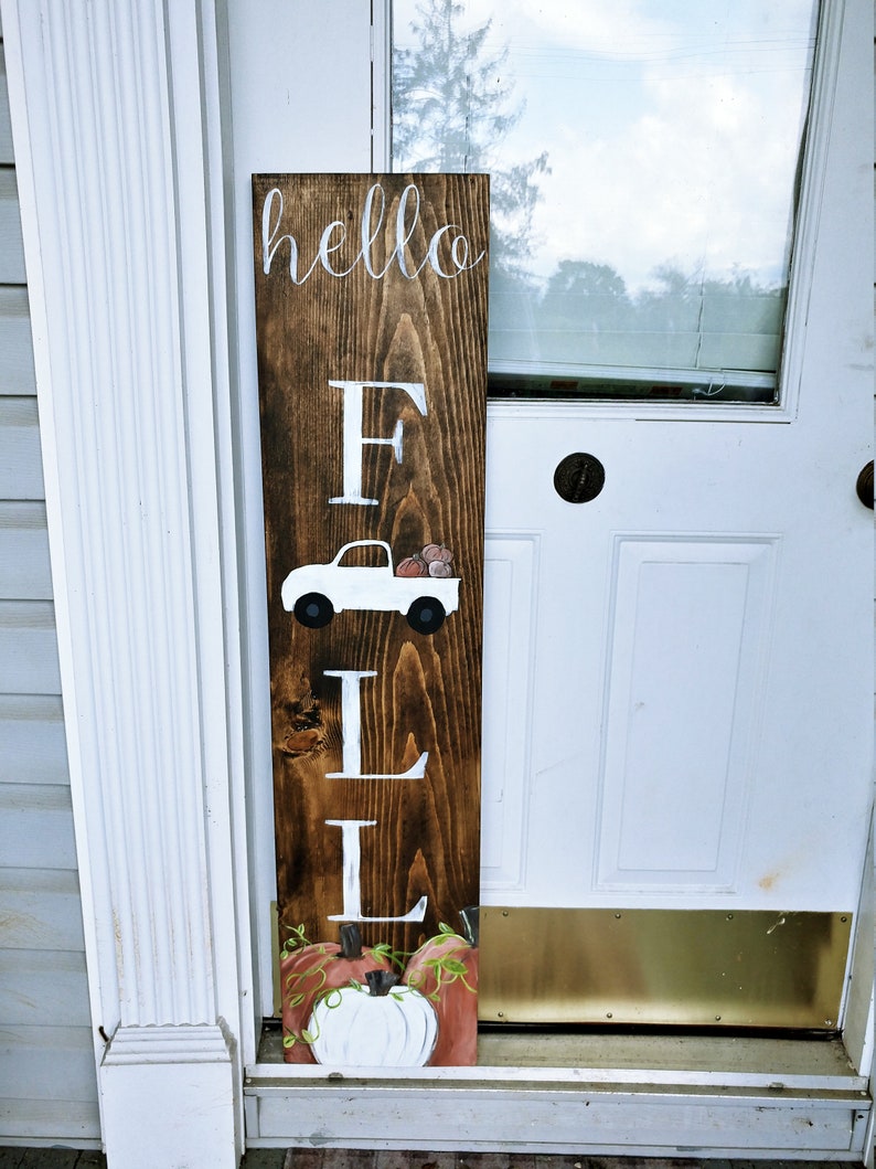 Hello Fall Vertical Wood Porch Sign, Hand Painted Pumpkin Fall Sign ...