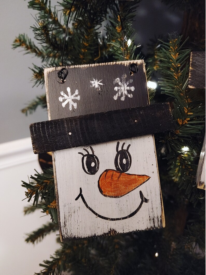 Set of 4 Rustic Snowman Ornaments, Wood Snowman Decor, Rustic Tree ...