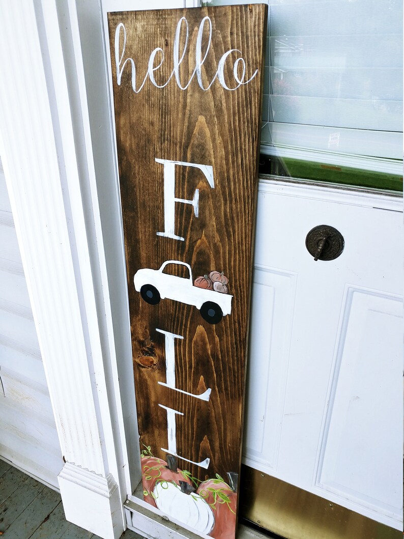 Hello Fall Vertical Wood Porch Sign, Hand Painted Pumpkin Fall Sign ...