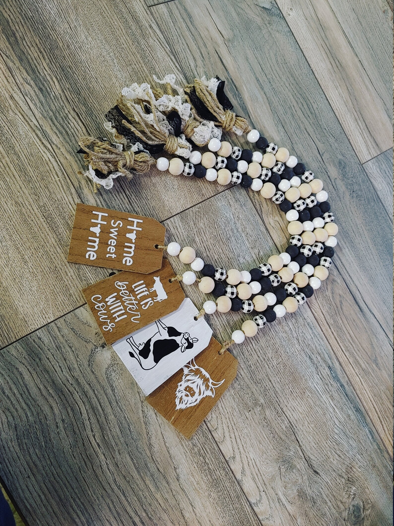 Farmhouse Garland, Cow Wood Bead Garland, Cow Decor, Farmhouse Tiered ...