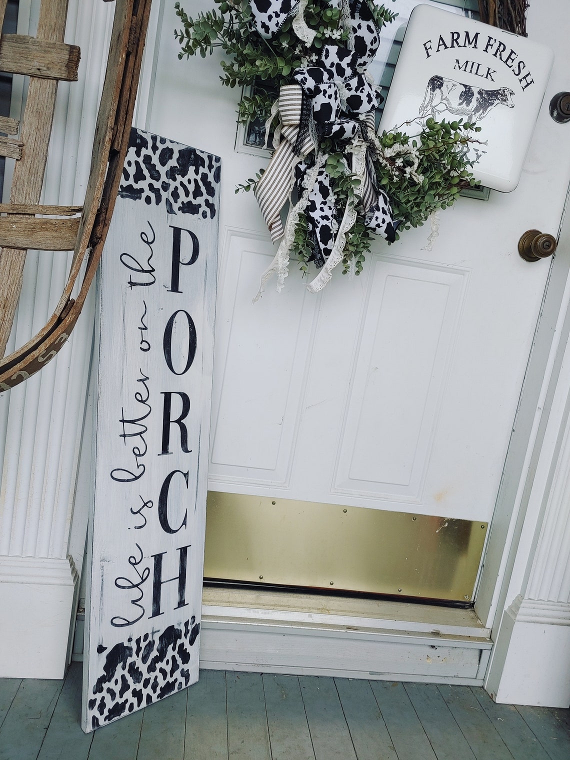 Cow Print Door Leaner, Year Around Front Porch Welcome Sign, Rustic Cow ...
