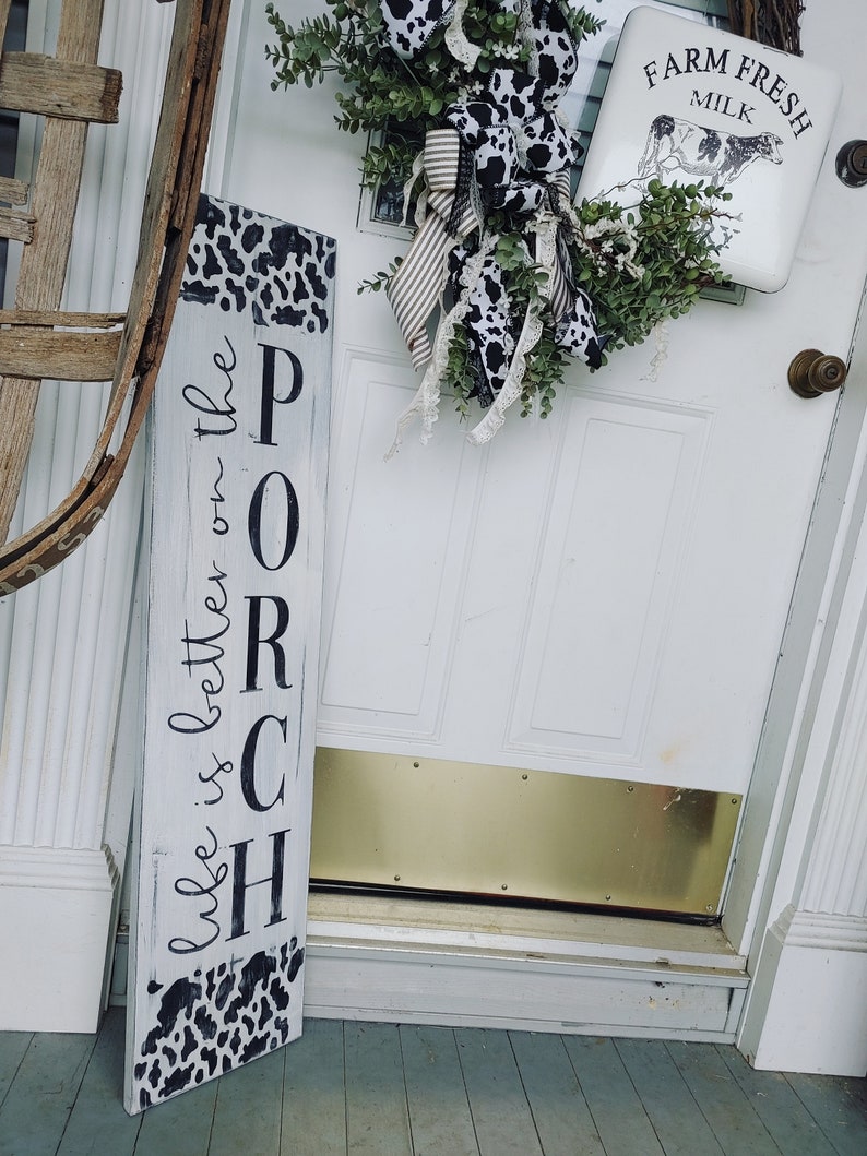 Cow Print Door Leaner, Year Around Front Porch Welcome Sign, Rustic Cow ...