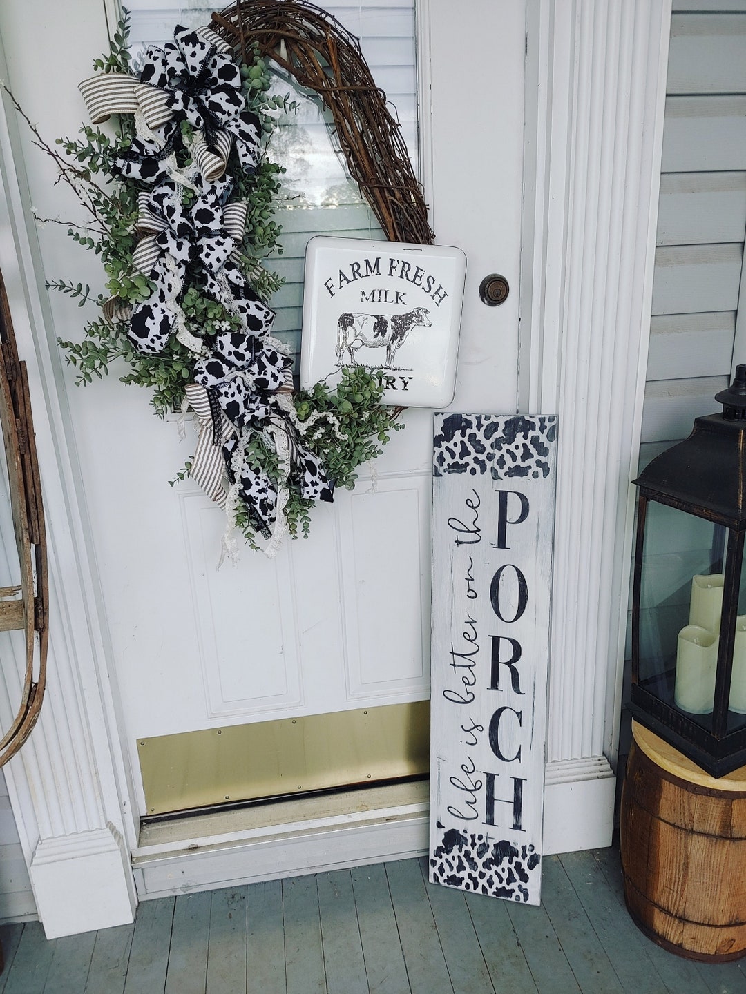 Cow Print Door Leaner, Year Around Front Porch Welcome Sign, Rustic Cow ...