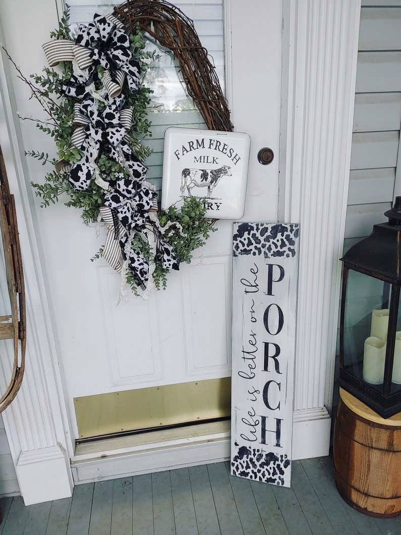 Cow Print Door Leaner, Year Around Front Porch Welcome Sign, Rustic Cow ...