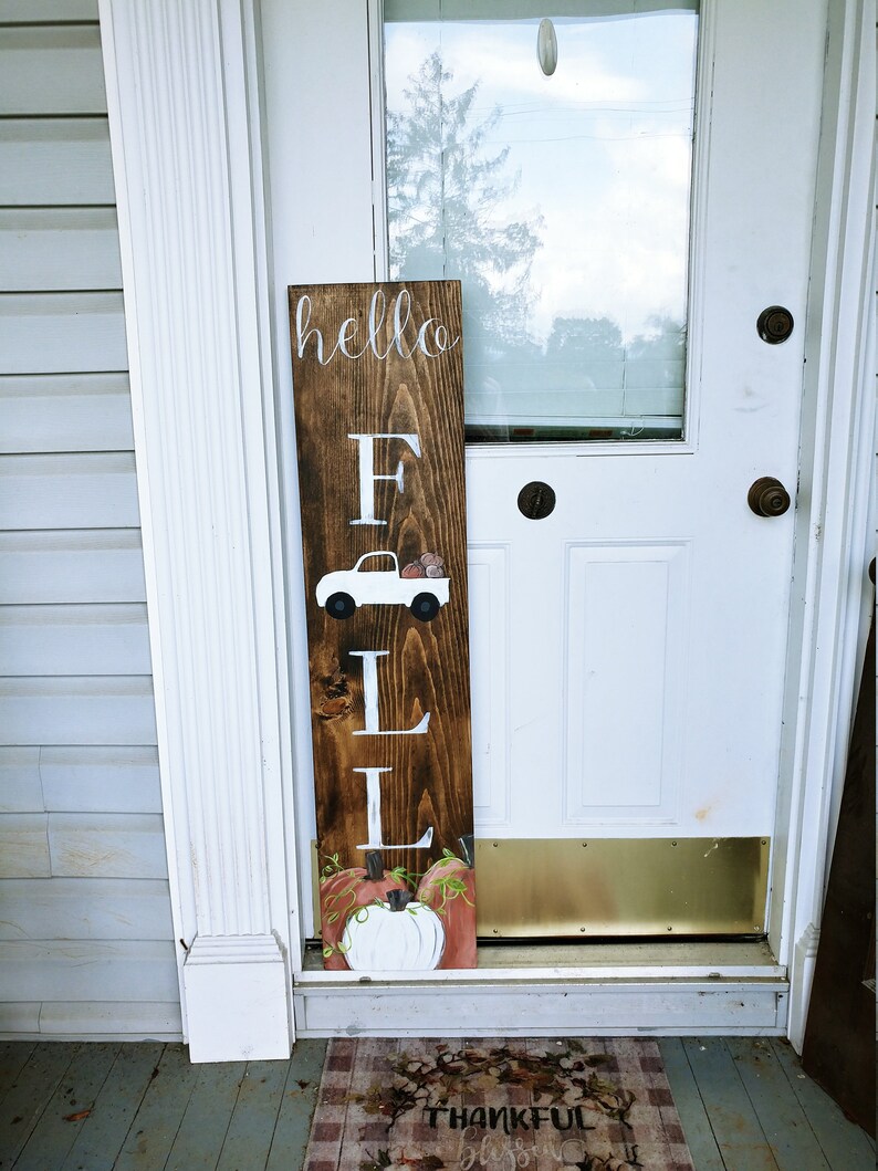 Hello Fall Vertical Wood Porch Sign, Hand Painted Pumpkin Fall Sign ...