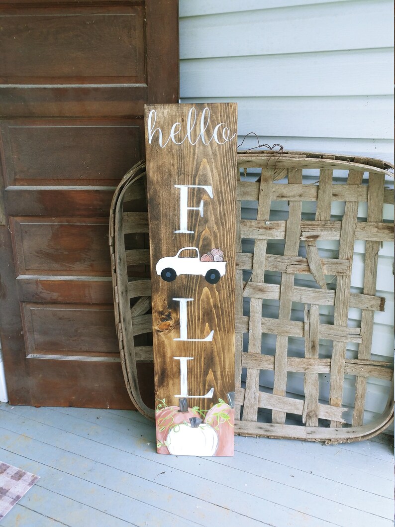Hello Fall Vertical Wood Porch Sign, Hand Painted Pumpkin Fall Sign ...