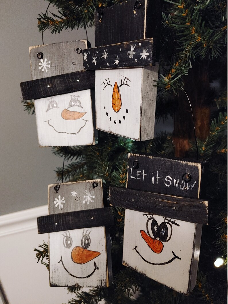 Set of 4 Rustic Snowman Ornaments, Wood Snowman Decor, Rustic Tree ...