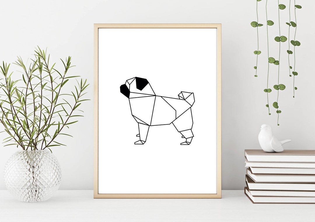 Origami Pug Print, Origami Dog Printable, Pug Line Art, Pug Wall Decor ...