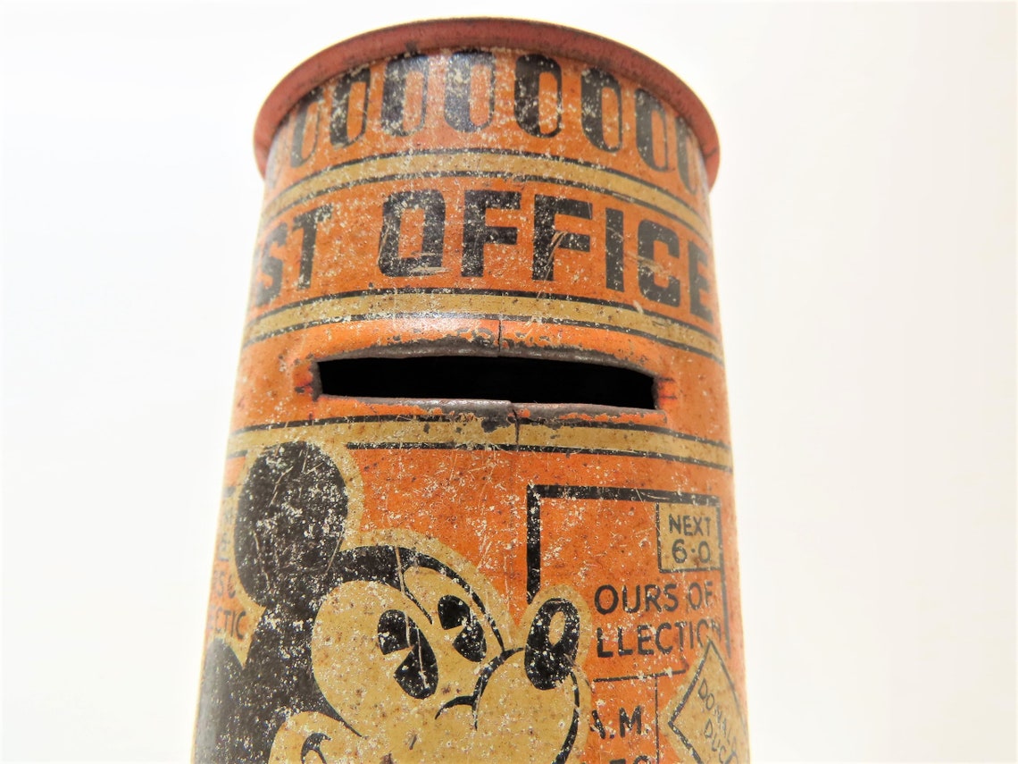 Vintage 1930s Mickey Mouse Postbox Tin Money Box by Happynak, Made in ...