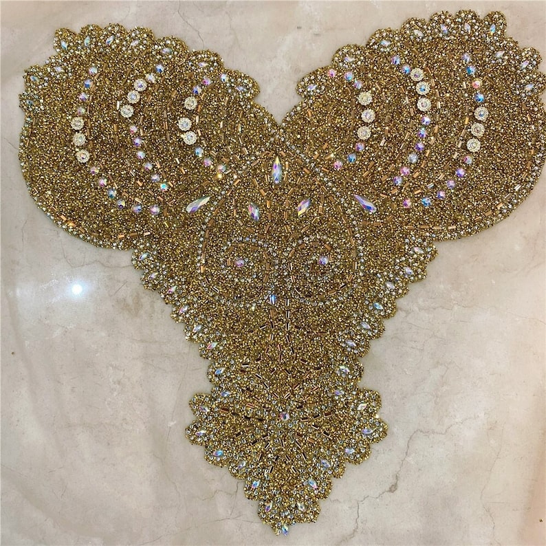Bridal Gold Rhinestone Beaded Glitter Front Chest Appliqué / Sold by ...