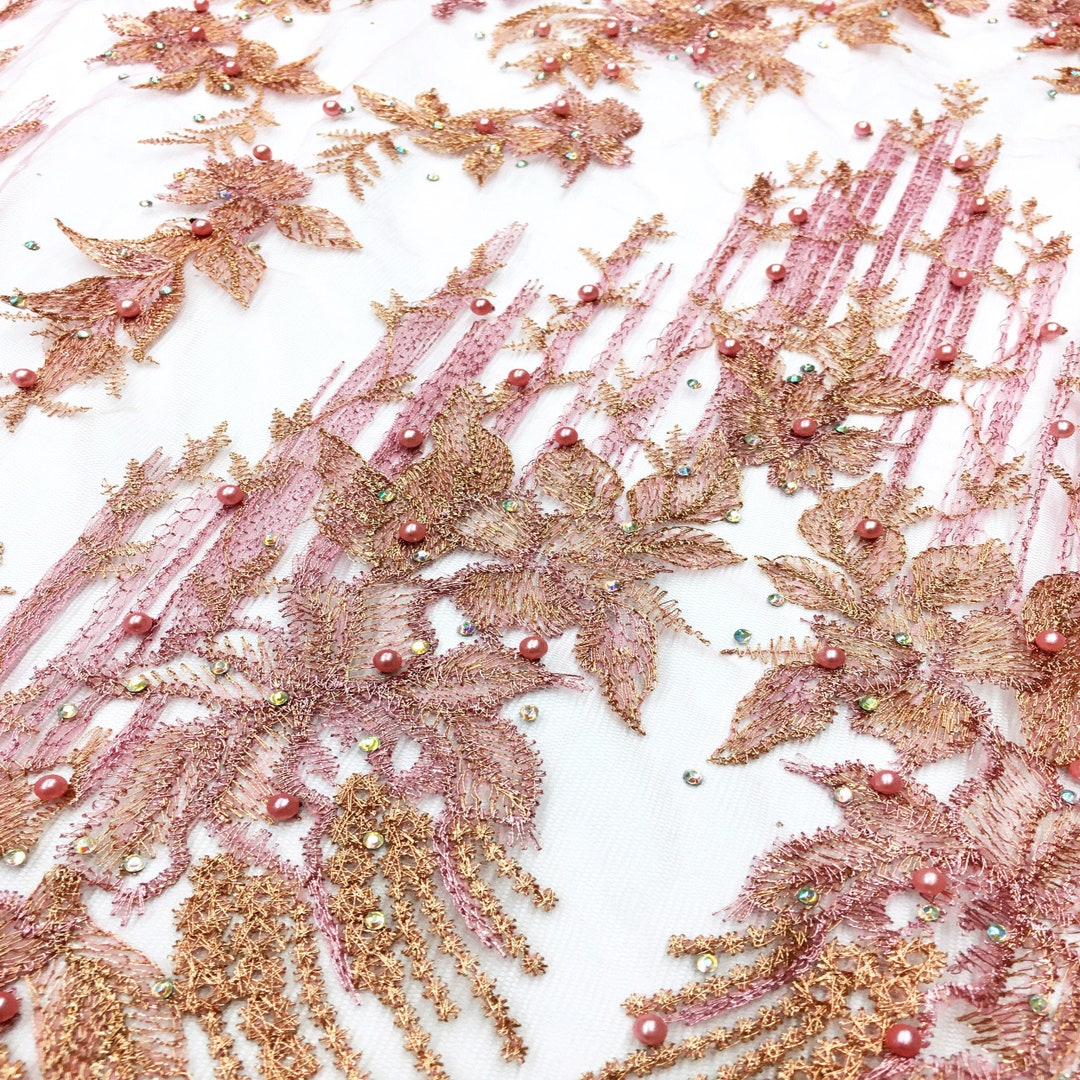 5 YARDS / Bridgette Mauve Pink Blush Color Embroidery Glitter Beaded ...