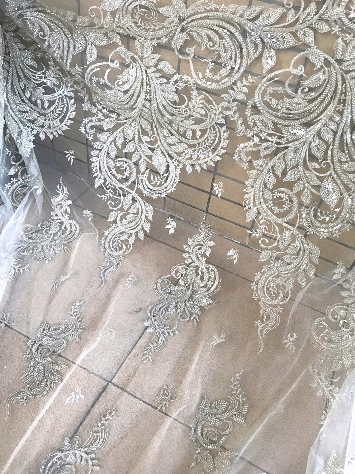 5 YARDS / Saja Luxury Beige Ivory Silver Beaded Sparkly Mesh Lace ...