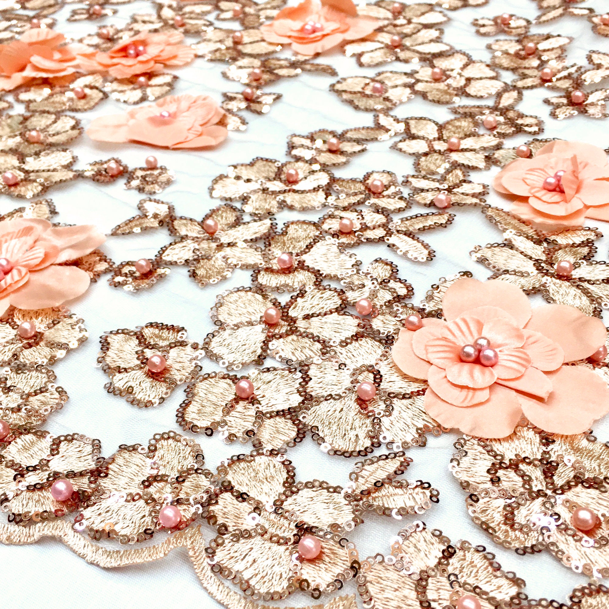 ROCHELLE Light Peach Floral Embroidery Sequin Tulle Mesh Lace - Etsy