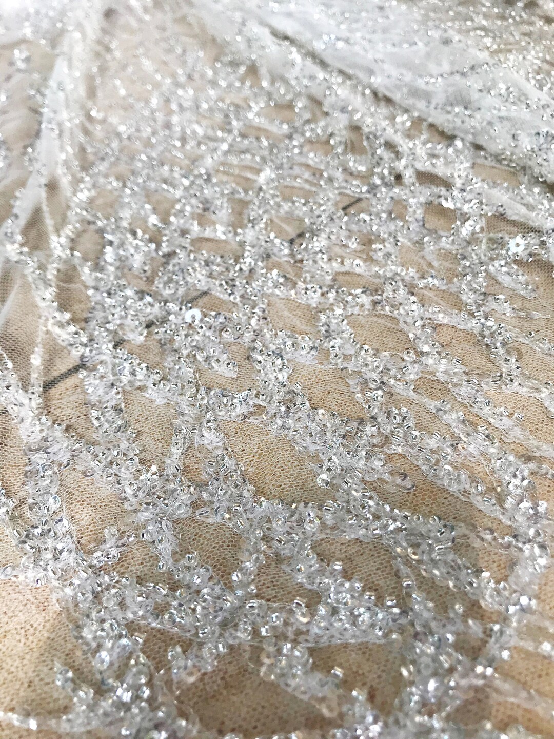 5 YARDS / Erine Geometric Silver Beaded Glitter Embroidery Mesh Lace ...
