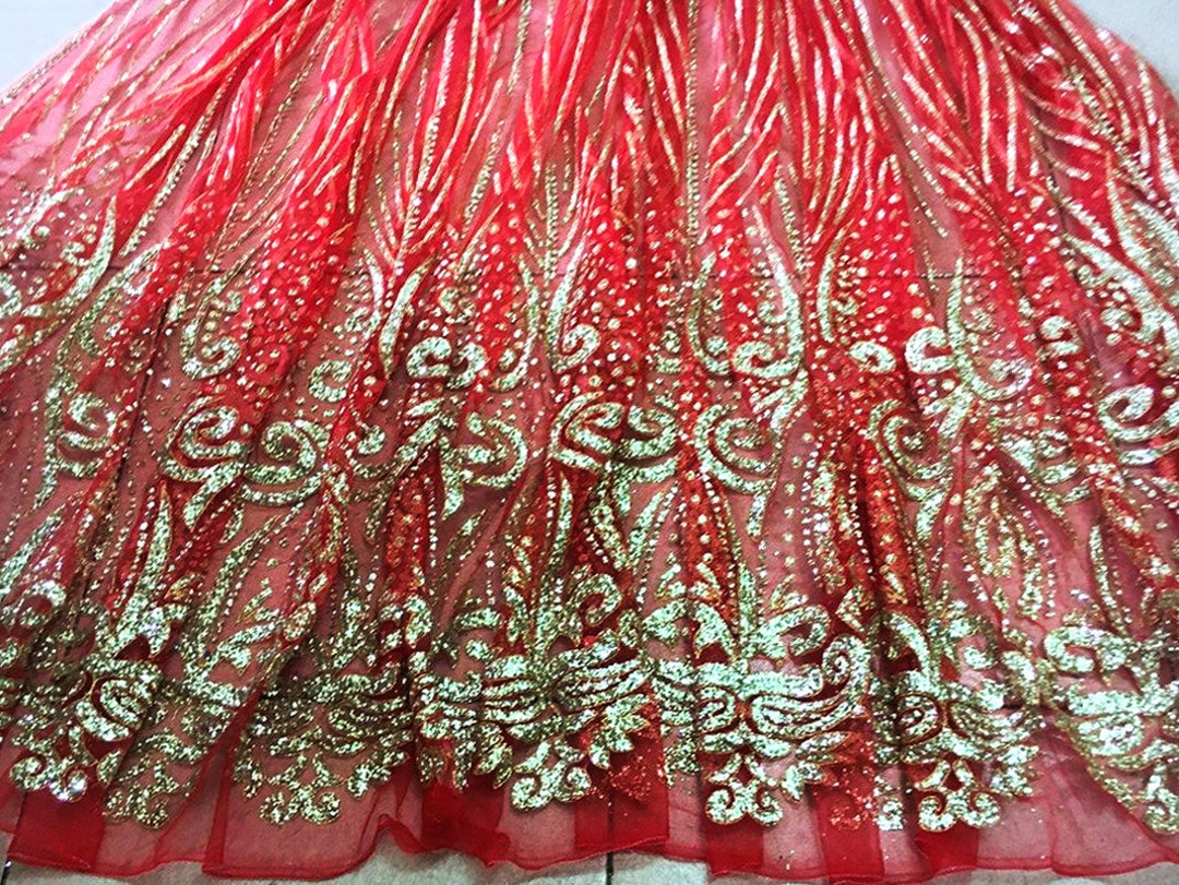 5 YARDS / Red Gold Glitter Red Mesh Sequin Embroidery Lace Dress Fabric ...