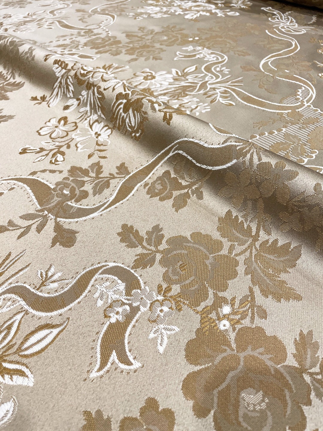 Golden Brown Floral Ribbon Jacquard Brocade Fabric / Drapery, Curtain ...