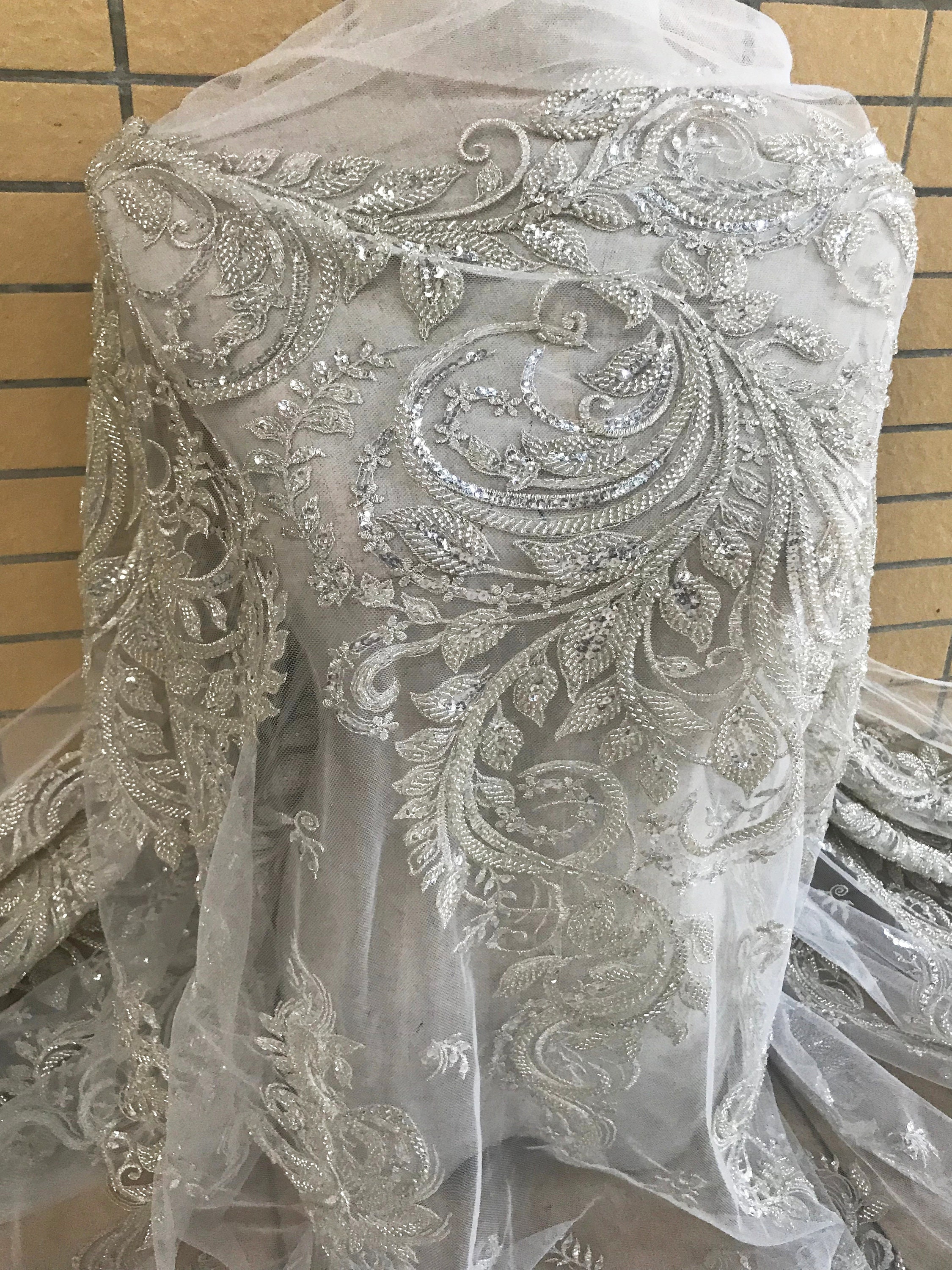 5 YARDS / Saja Luxury Beige Ivory Silver Beaded Sparkly Mesh Lace ...