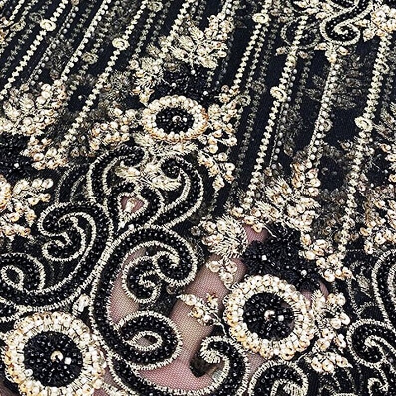 5 YARDS / 4 COLORS / Hamlet Black Gold Beaded Sequin Embroidery Mesh ...