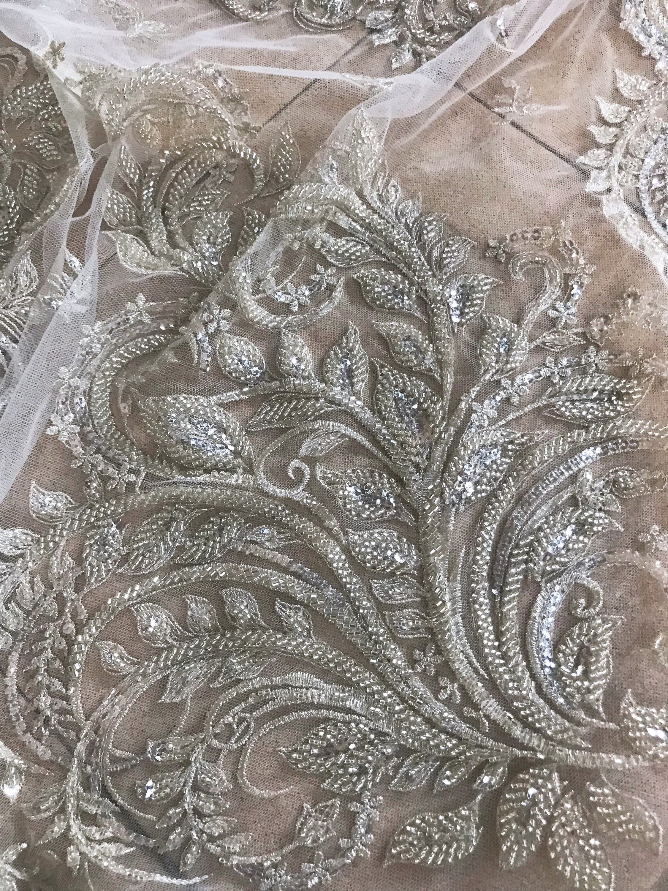 5 YARDS / Saja Luxury Beige Ivory Silver Beaded Sparkly Mesh Lace ...