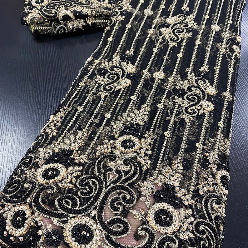 5 YARDS / 4 COLORS / Hamlet Black Gold Beaded Sequin Embroidery Mesh ...