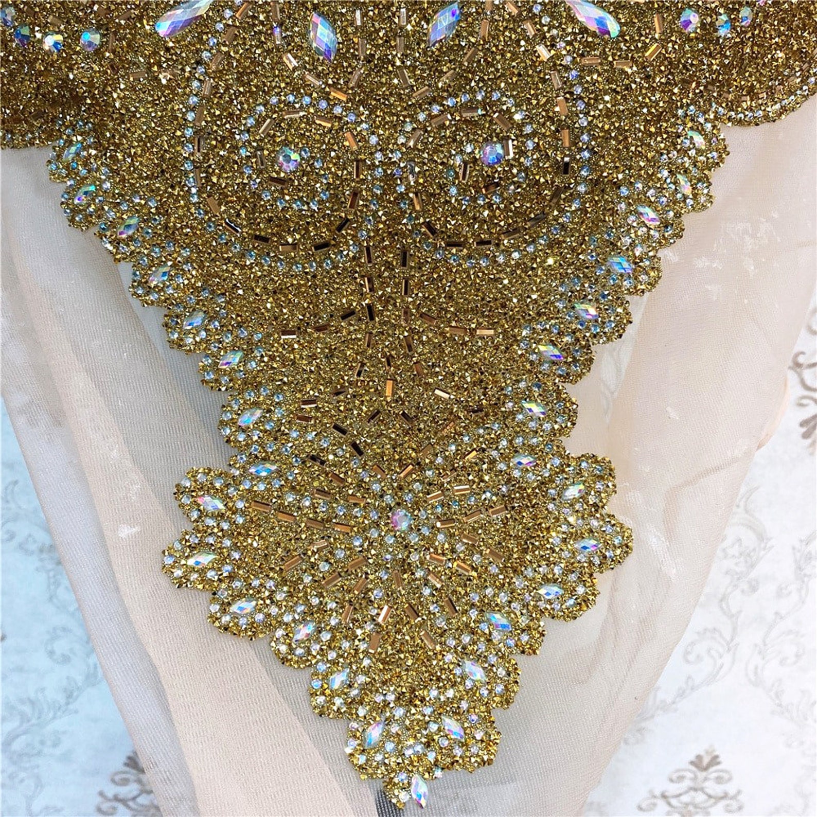 Bridal Gold Rhinestone Beaded Glitter Front Chest Appliqué / Sold by ...