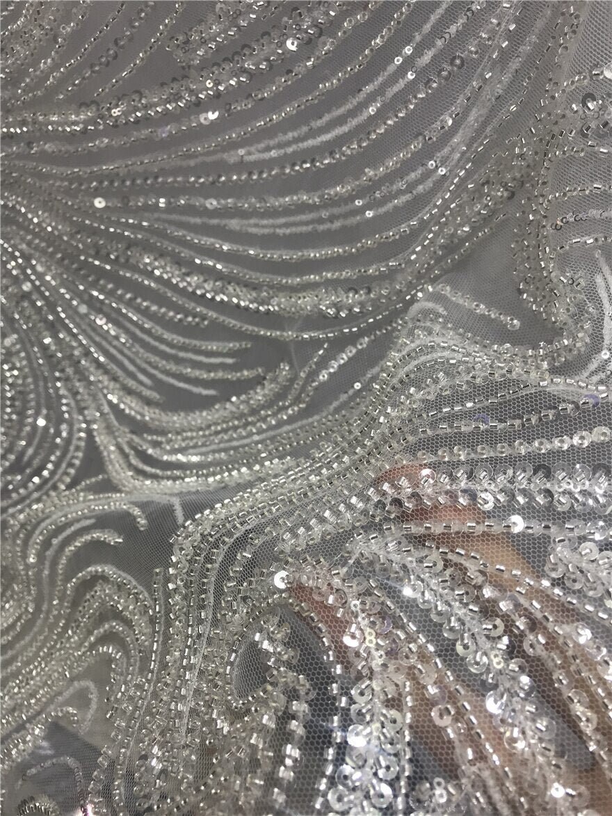 5 YARDS / Cezana Clear Off-white Sequin Beaded Embroidered Mesh Sparkly ...