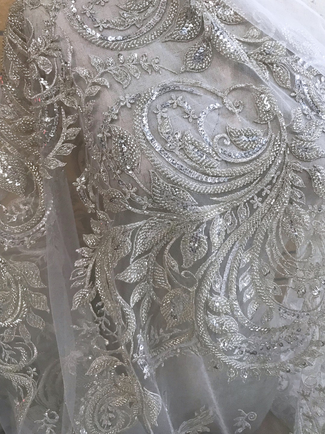 5 YARDS / Saja Luxury Beige Ivory Silver Beaded Sparkly Mesh Lace ...