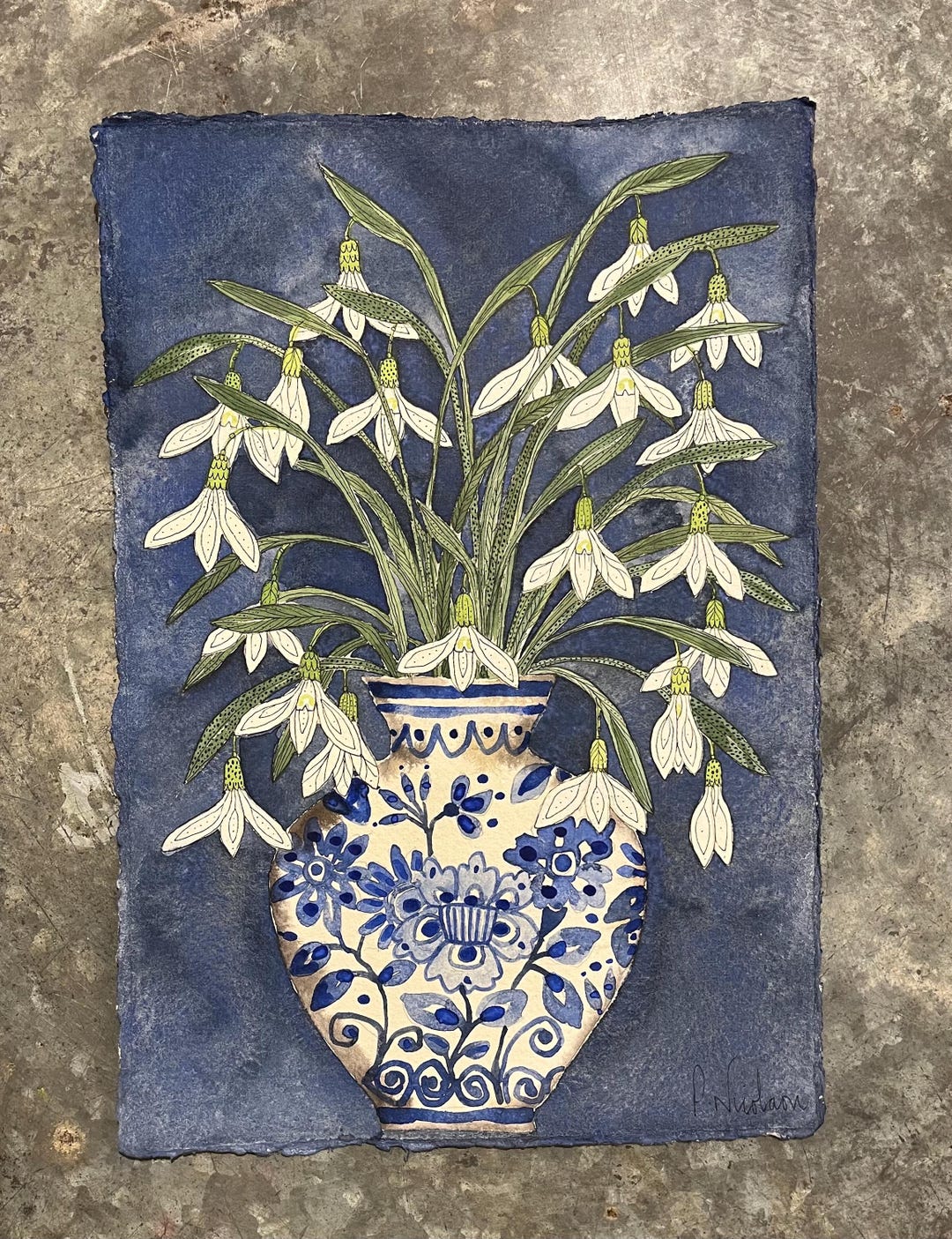 Original, A4 approx Watercolour and Ink Painting of Snowdrops in a ...