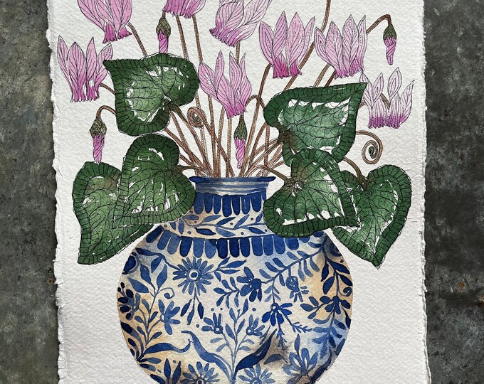 Original, A4 Watercolour and Ink Painting of Pink Cyclamen and Leaves ...